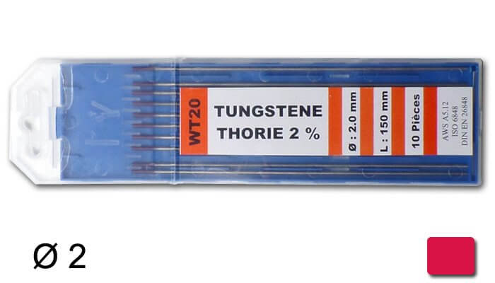 10 électrodes 150 mm, tungstène thorié, Ø 2 mm - Rouge
