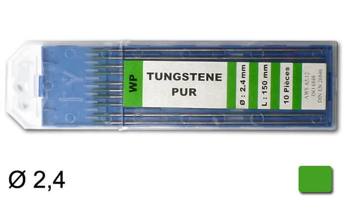 10 électrodes 150 mm, tungstène pur, Ø 2,4 mm - Vert